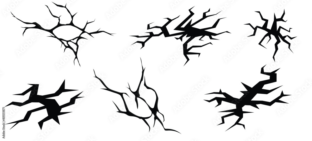 Ground split fracture line. Wall crack black silhouettes, earthquake ...