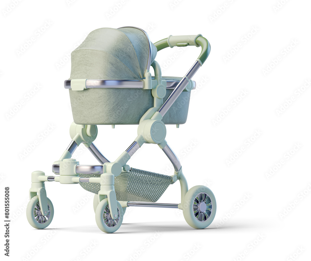 Light green leather baby stroller on transparent background. 3D render ...