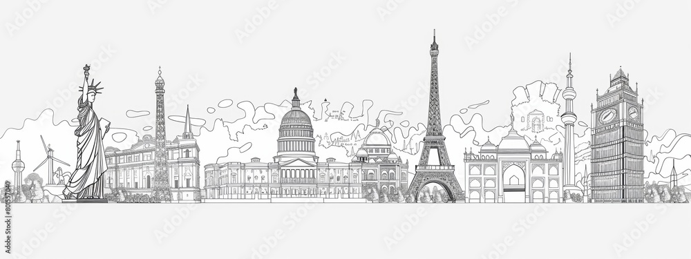 Line art illustrations of iconic landmarks from around the world ...