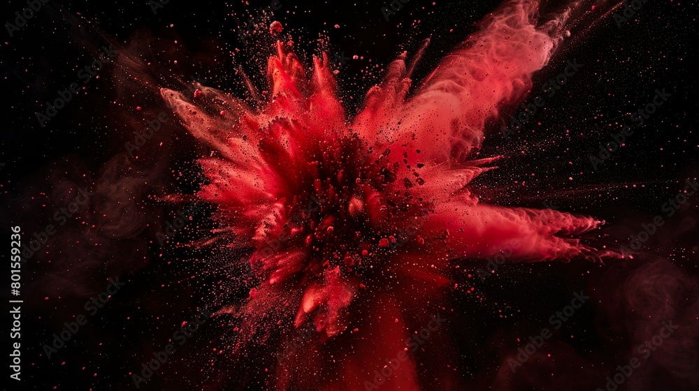rote Farbexplosion vor dunklem Hintergrund, rauchender Knall, Explosion ...