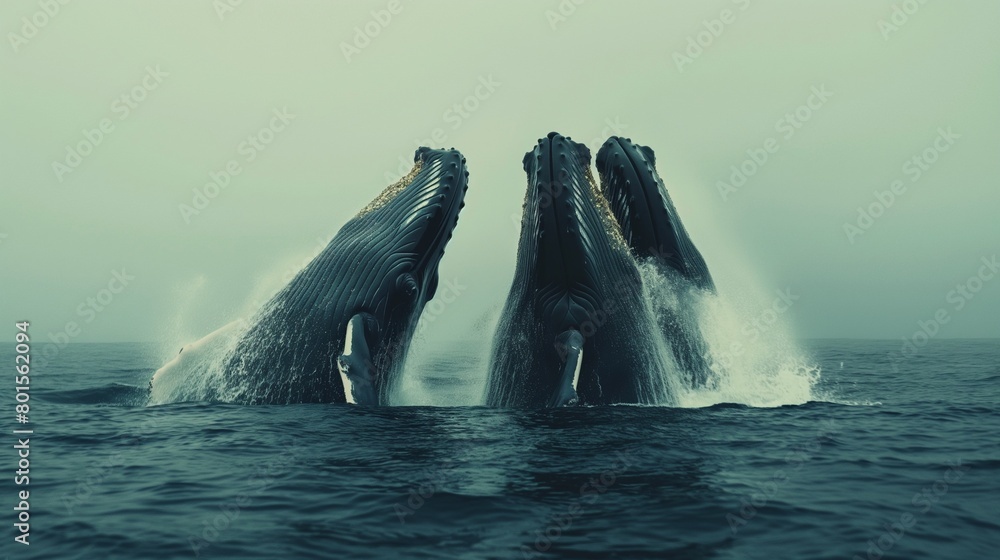 A pod of whales breaching the surface of the ocean, their massive ...
