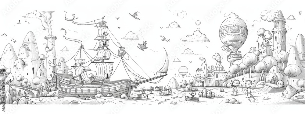Whimsical line art characters exploring various destinations and ...