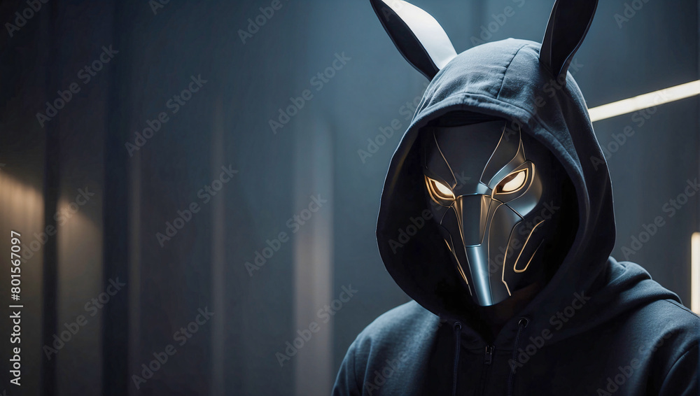 Mysterious enigmatic figure wearing a metallic rabbit mask with eerie ...