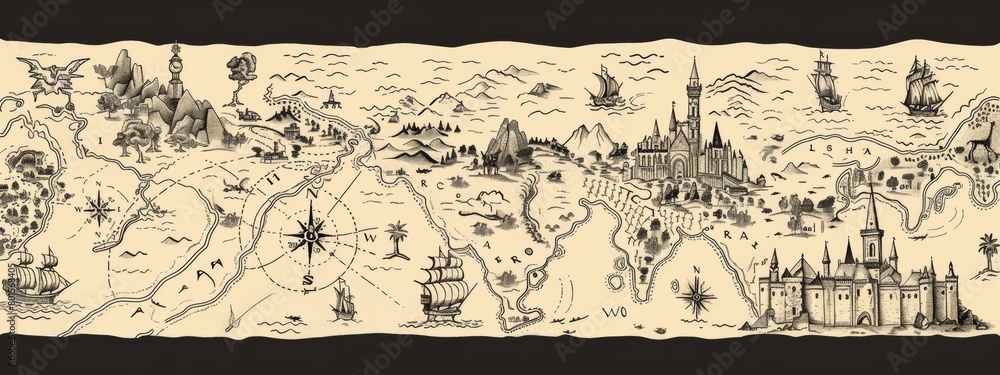 A detailed line art illustration of a vintage map, highlighting key ...