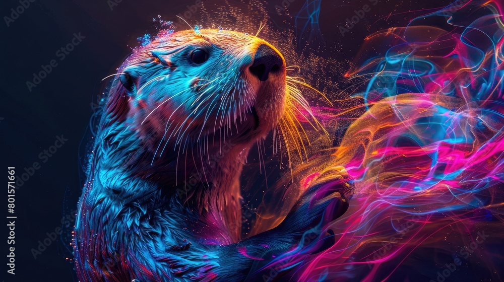 Sea Otter Animal Plexus Neon Black Background Digital Desktop Wallpaper ...