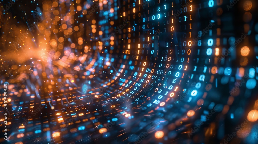 Hacked binary data, matrix background, broken binary code, and big data neural network in ...