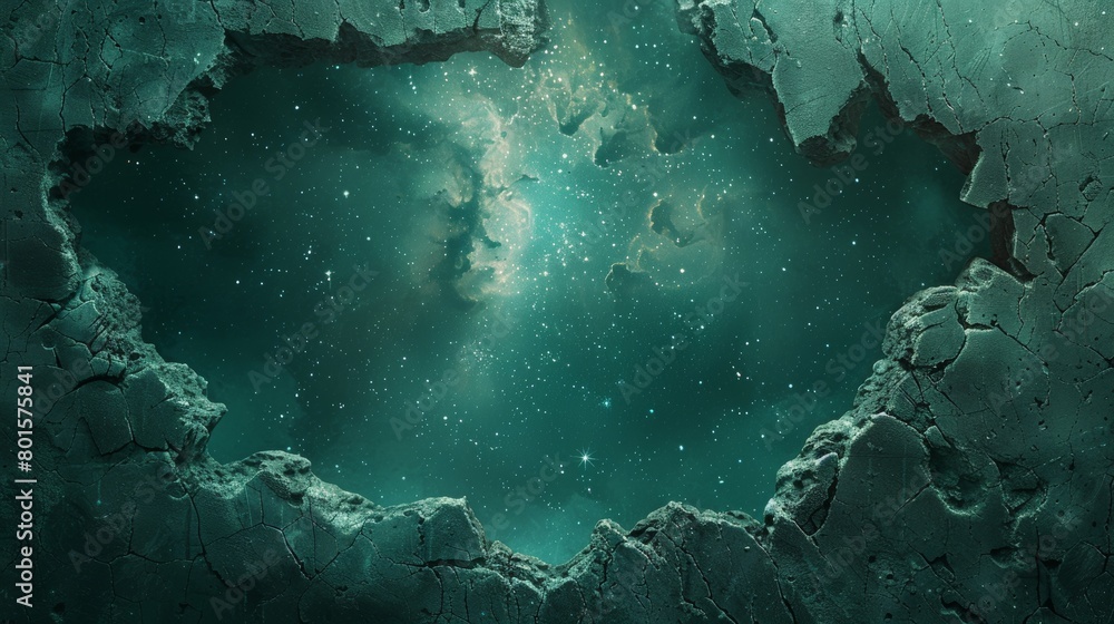 Space cracks and stars glowing in the darkness. Dark wall glows with ...