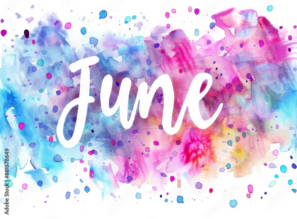 Watercolor text "June" in calligraphy script font, soft water color ...