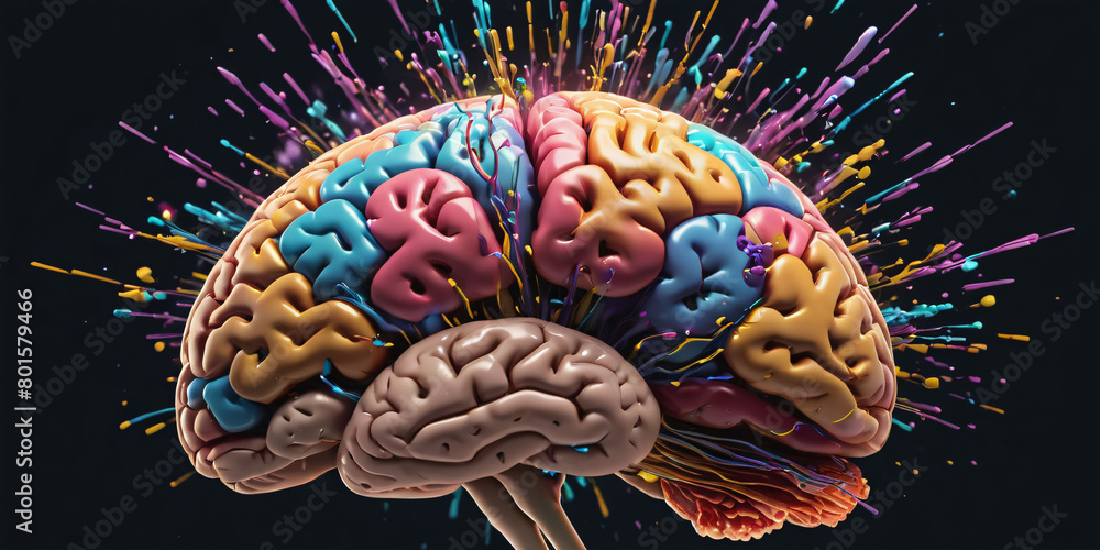 A human brain with a colorful cerebral cortex. The wrinkled surface of ...