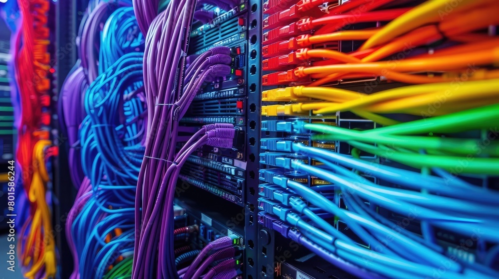 Server racks, electric cables and wires representing fiber optic ...