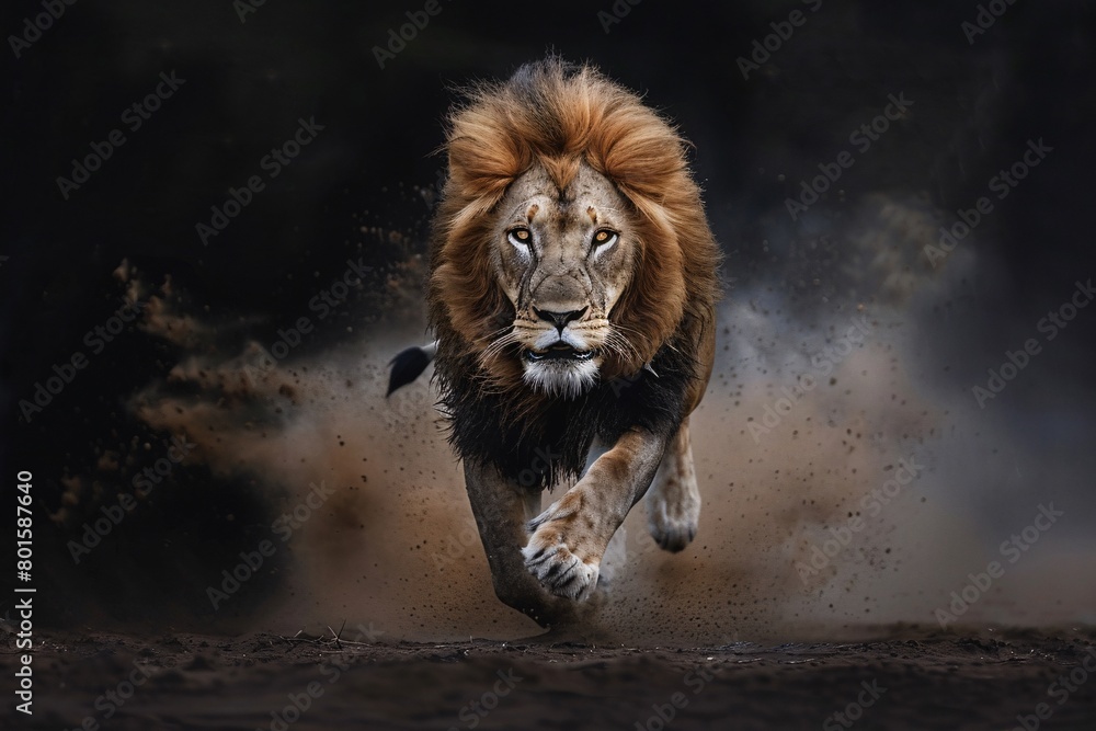 High-speed photography captures a lion leaping in darkness, dust ...