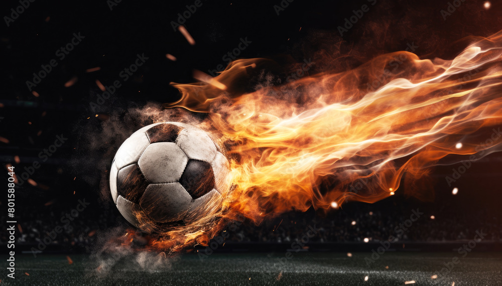 Burning football with fire effect on dark stadium football field ...