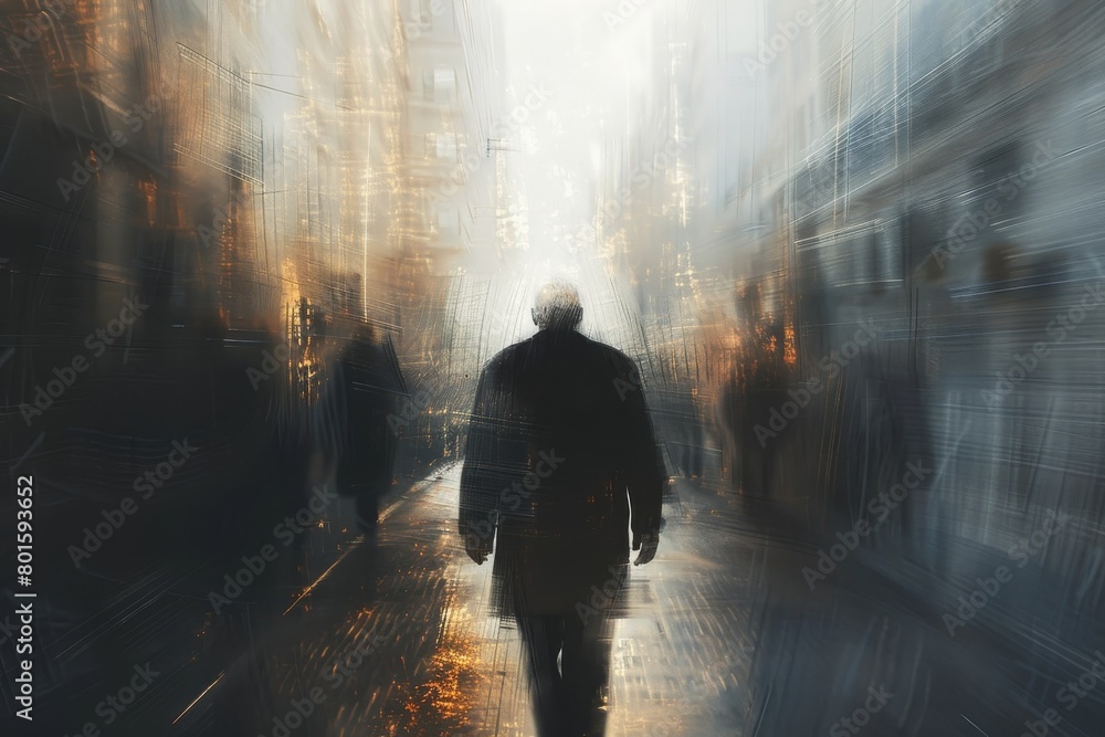 Mysterious blurred figure of a man walking alone down a foggy, light ...