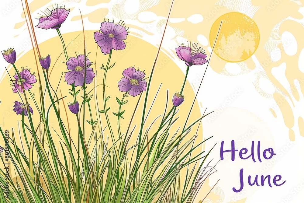 "Hello June" logo with the text, with beautiful meadow grass and purple ...