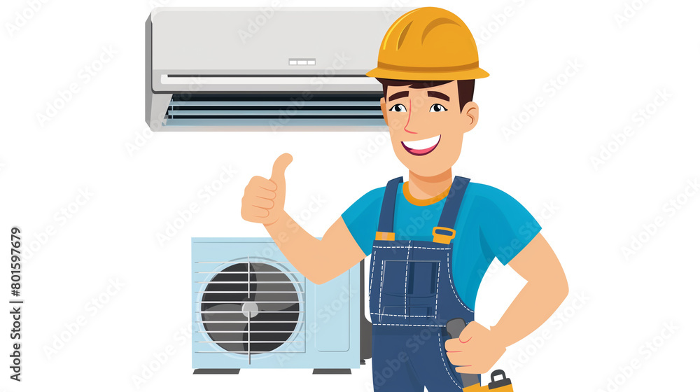 Friendly HVAC Technician with Air Conditioning Units. Illustration of a ...