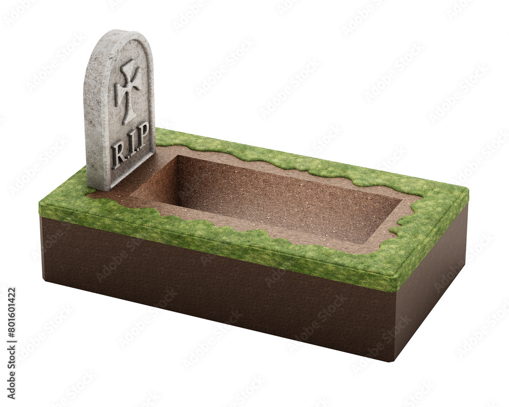 Open grave with gravestone isolated on transparent background. 3D ...