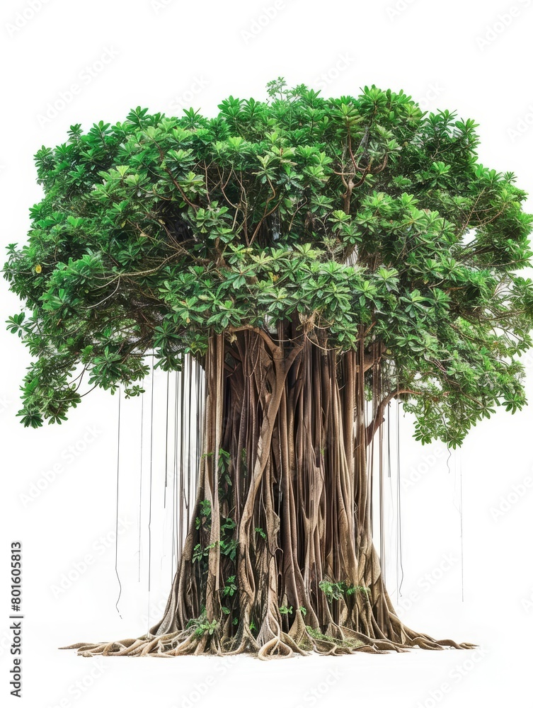 A large banyan tree with a thick trunk and long,Chui reta aerial roots ...