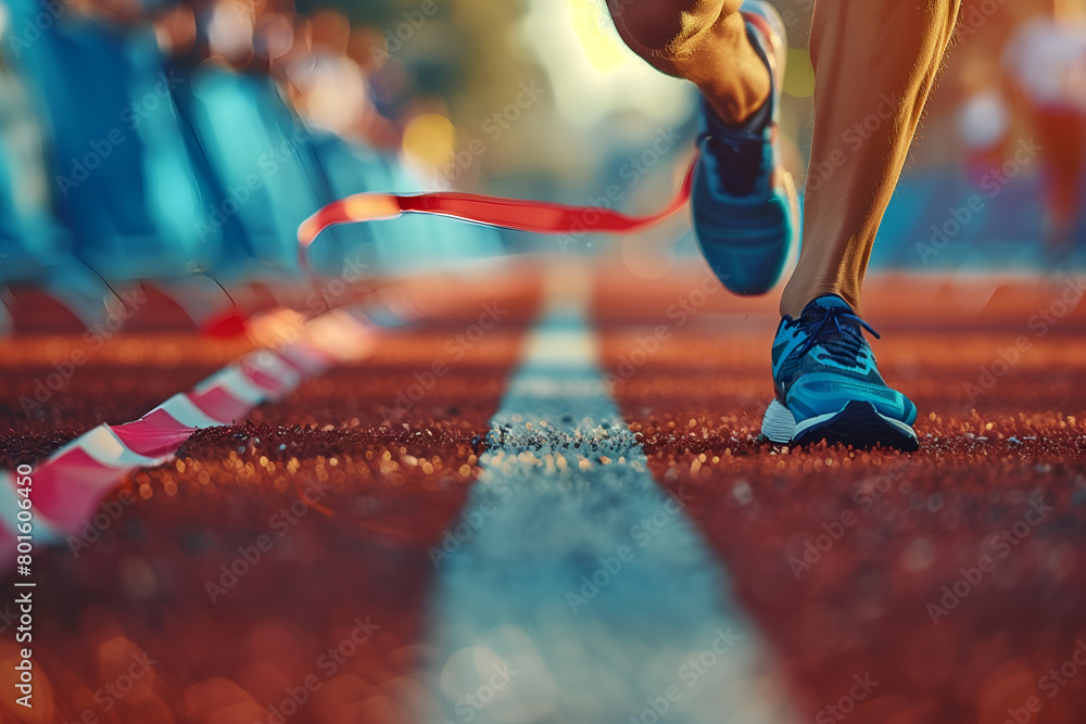 Athlete crossing the finish line with focus on legs and shoes. Dynamic ...