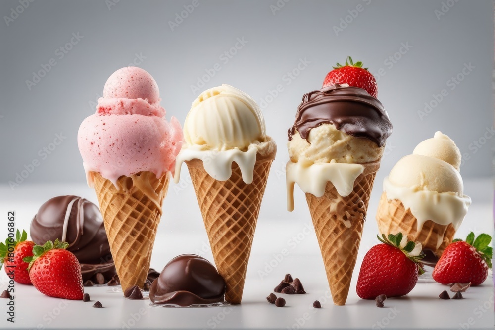 front view real edible ice cream cone 3 fferent scoops vanilla ...