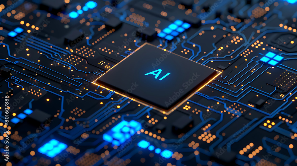a close-up view of a circuit board, with an "AI" chip at its center ...