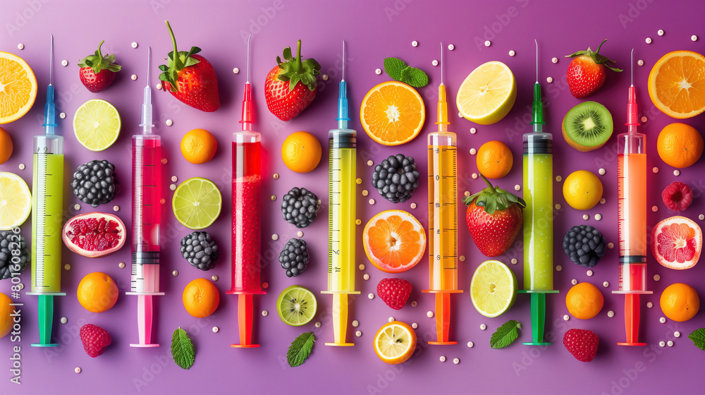 Science and nature: syringes injecting innovation into fresh fruits. A creative display ...