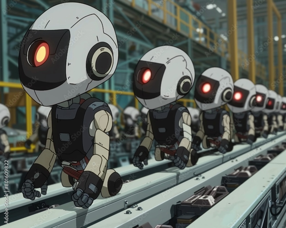 A futuristic assembly line for humanoid robots, demonstrating the ...
