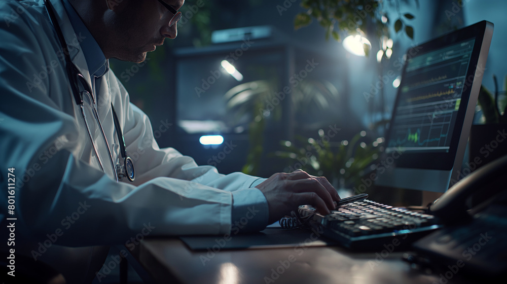 With the soft glow of the computer screen illuminating their features ...