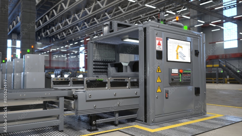 Machine with control panel used to give commands to robotic arms ...