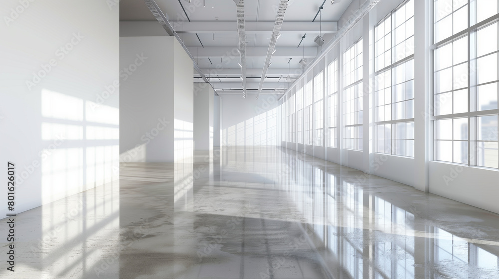 Perspective view of an empty gallery space with white walls and a ...