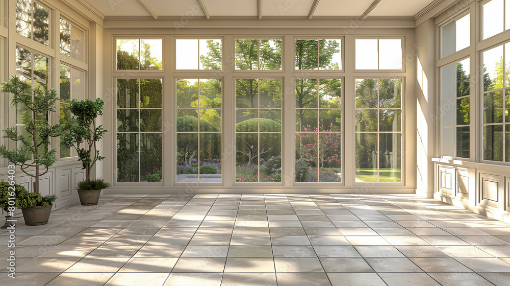 Oblique view of an empty sunroom with panoramic windows and tiled ...