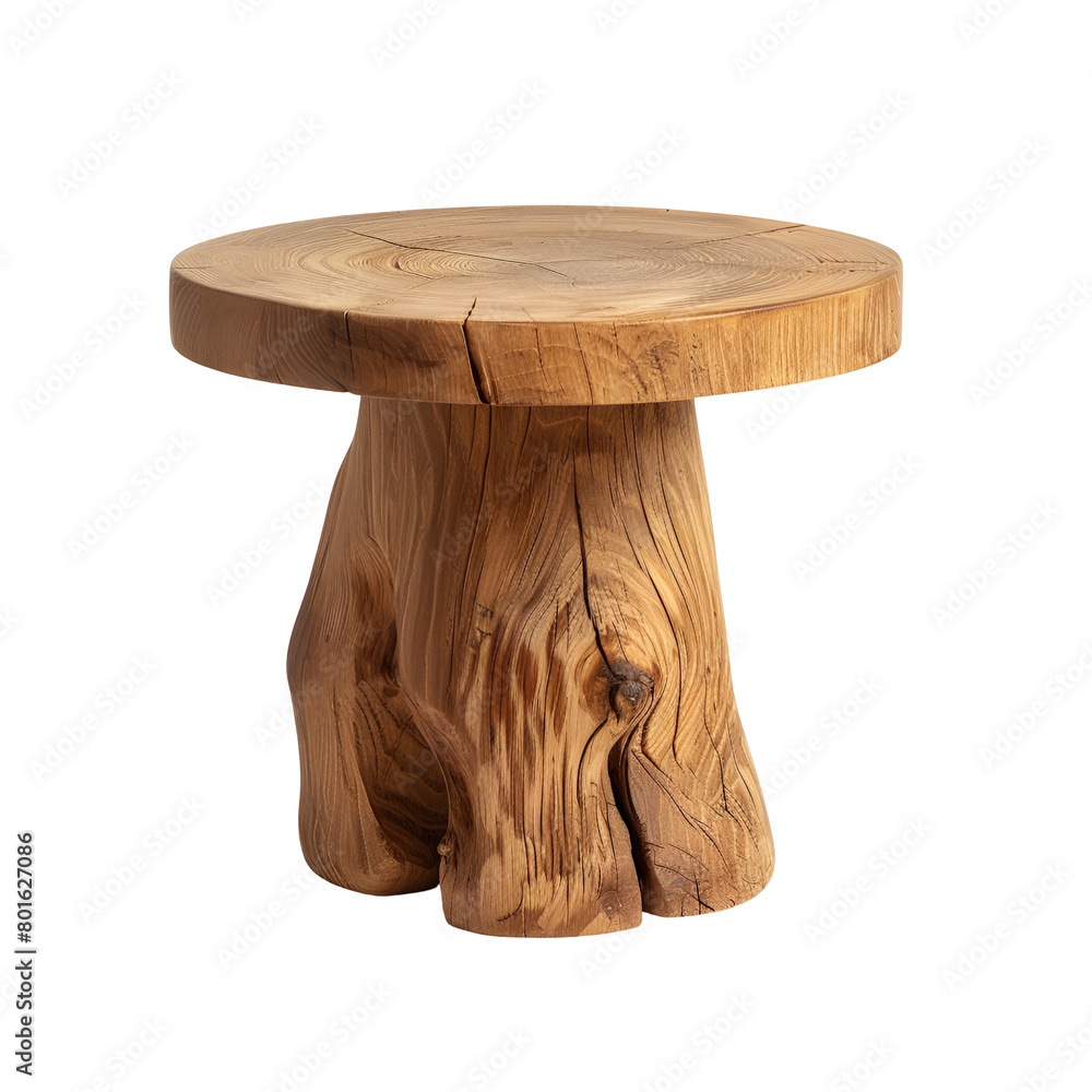 Side view of a small and round rustic wooden table, product photography ...