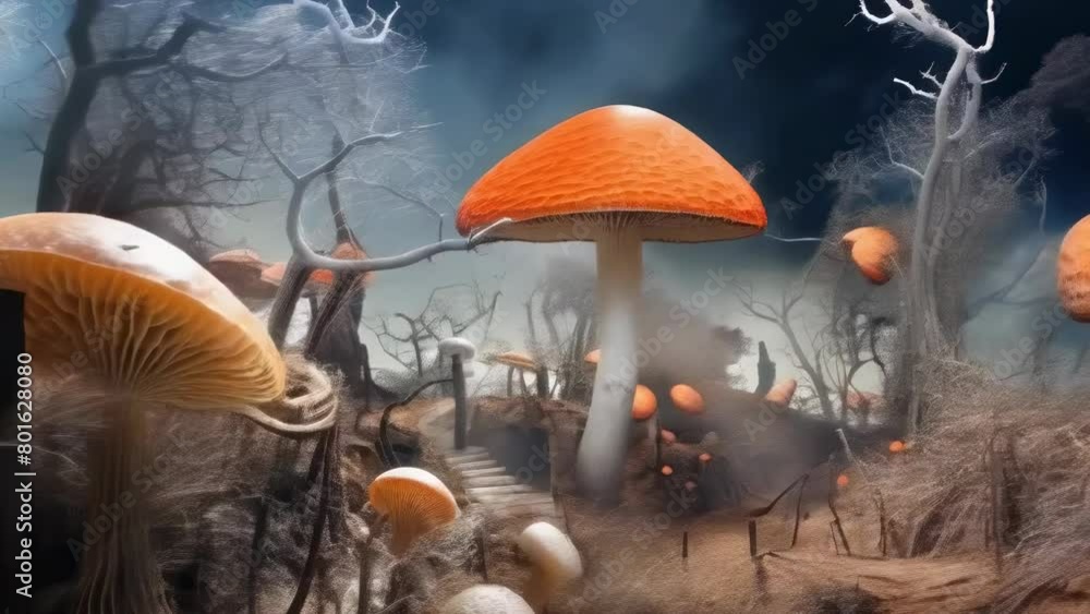 An ethereal forest scene, shrouded in mist, with towering, oversized ...