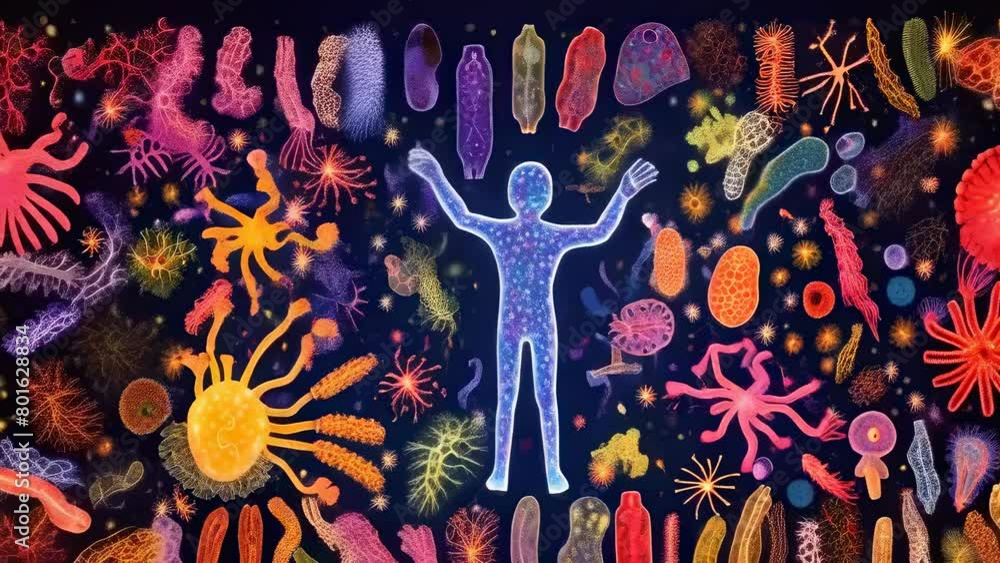 A colorful representation of a human figure surrounded by various ...