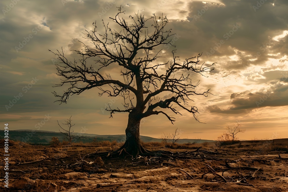 Un arbol seco en medio de la tierra arida y esteril por falta de lluvia ...
