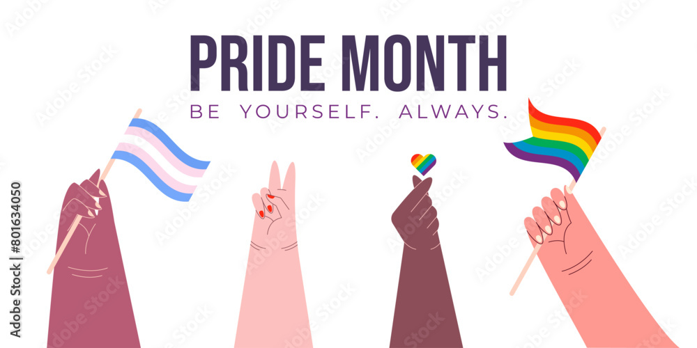 Pride Month Banner, Background. Multiracial people hands hold LGBTQ ...