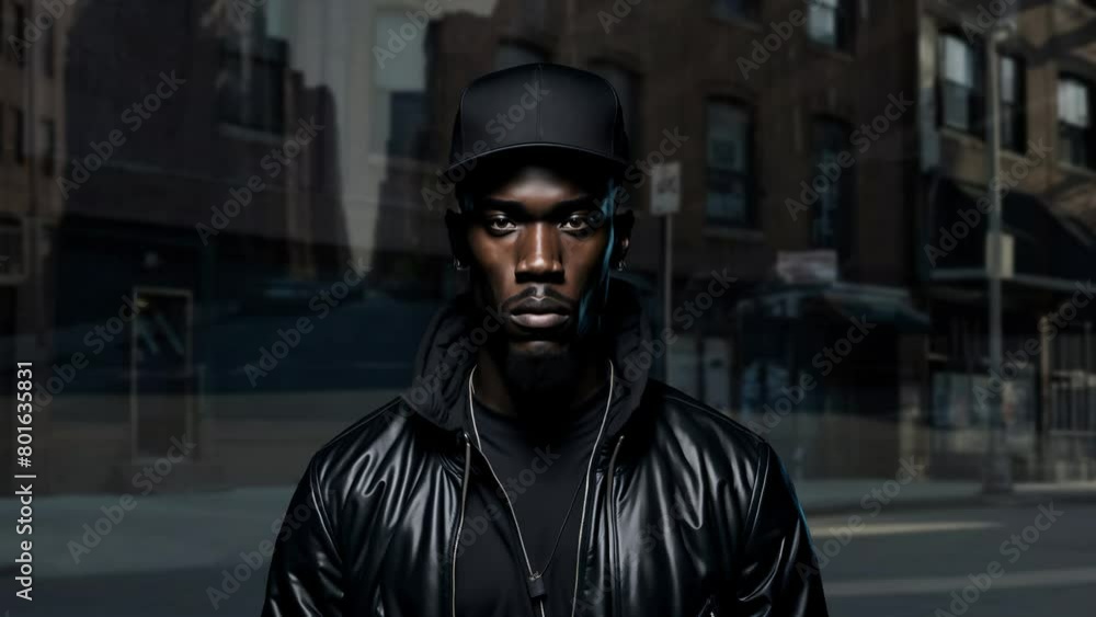 Casually dressed rapper in a baseball cap and leather jacket. Portrait ...