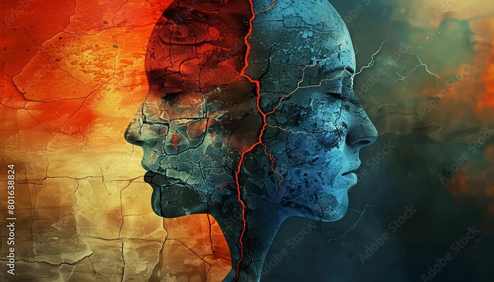 A painting of two faces, one half is a man with red cracks on his face ...