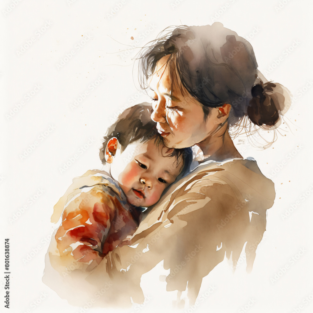 Watercolor Painting of Mother Embracing Child, Artistic Family Love ...