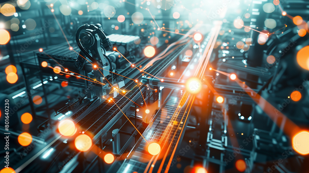An overhead blur of a factory floor with robotic arms in operation ...