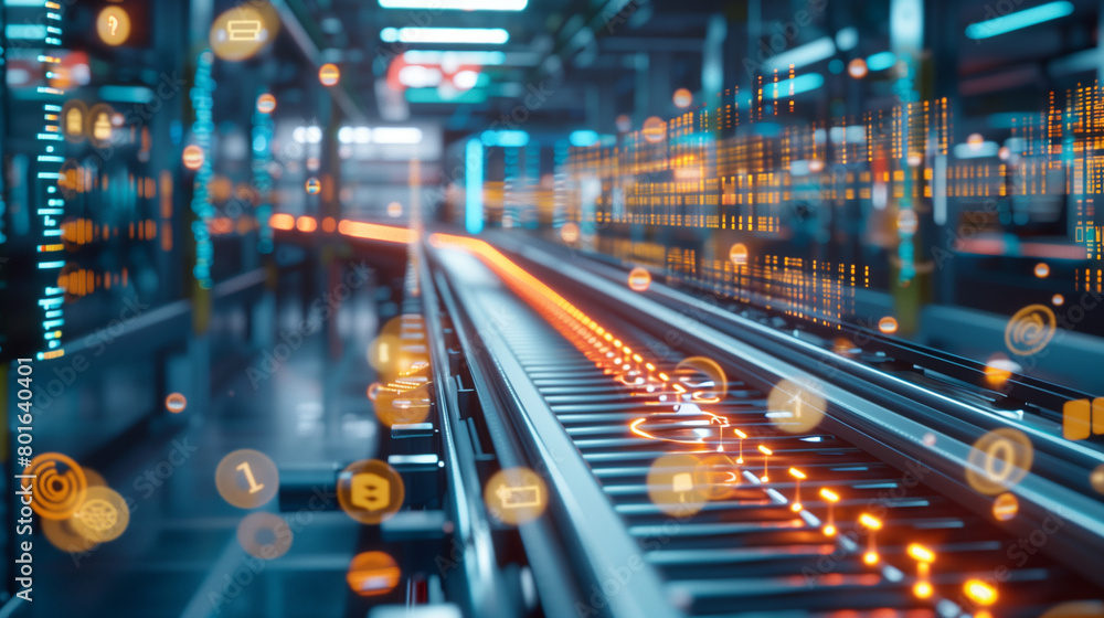 A blurred conveyor belt moving products between automated stations, highlighted by abstract ...