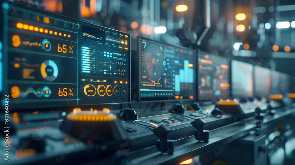 The interface of a smart factory's central control system, with screens ...