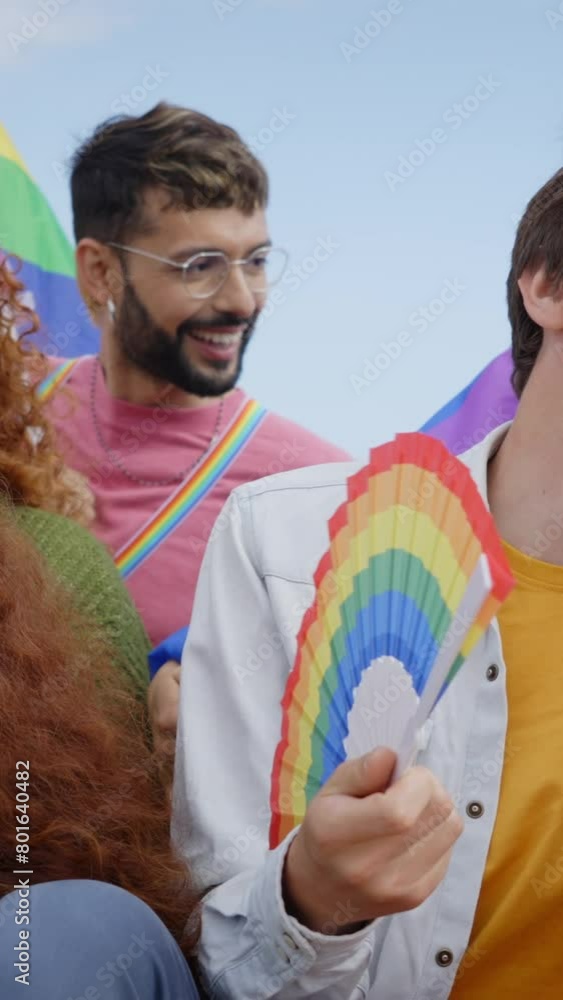 Vertical. Joyful diverse people gen z gathered group sitting ...