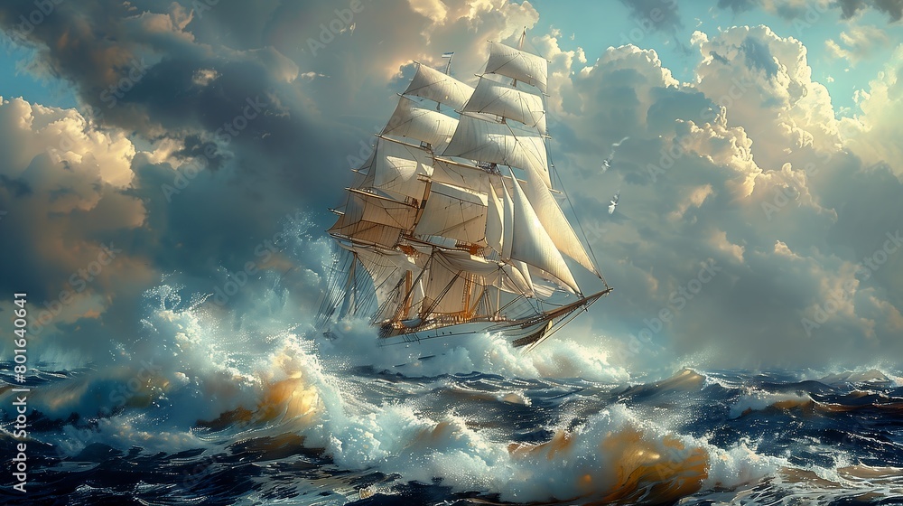 large sailboat sailing ocean cloudy day gorgeous highly low pressure ...