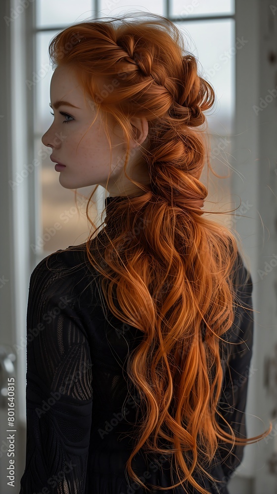 woman long red hair standing front window celtic braid charmed alluring ...