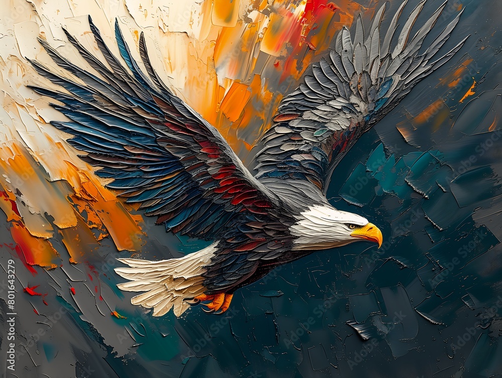 bald eagle flying sky red yellow background grey orange colors paint ...