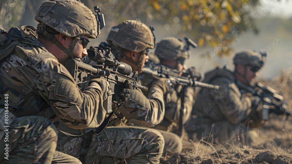 Uniformed soldiers in combat training aiming rifles outdoors Stock ...