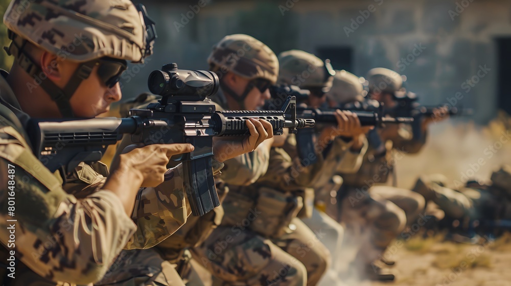 Uniformed soldiers in combat training aiming rifles outdoors Stock ...