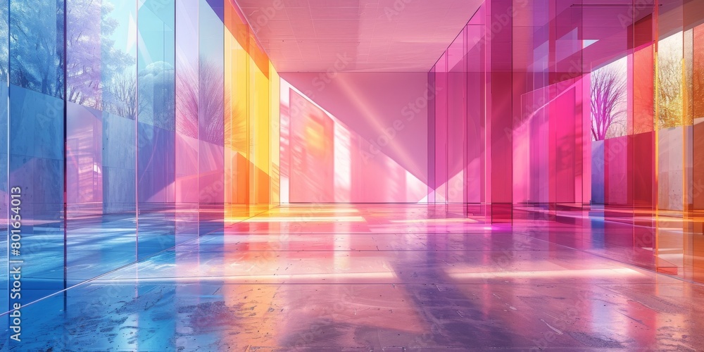 3D rendering, colorful gradient color blocks, transparent glass wall ...