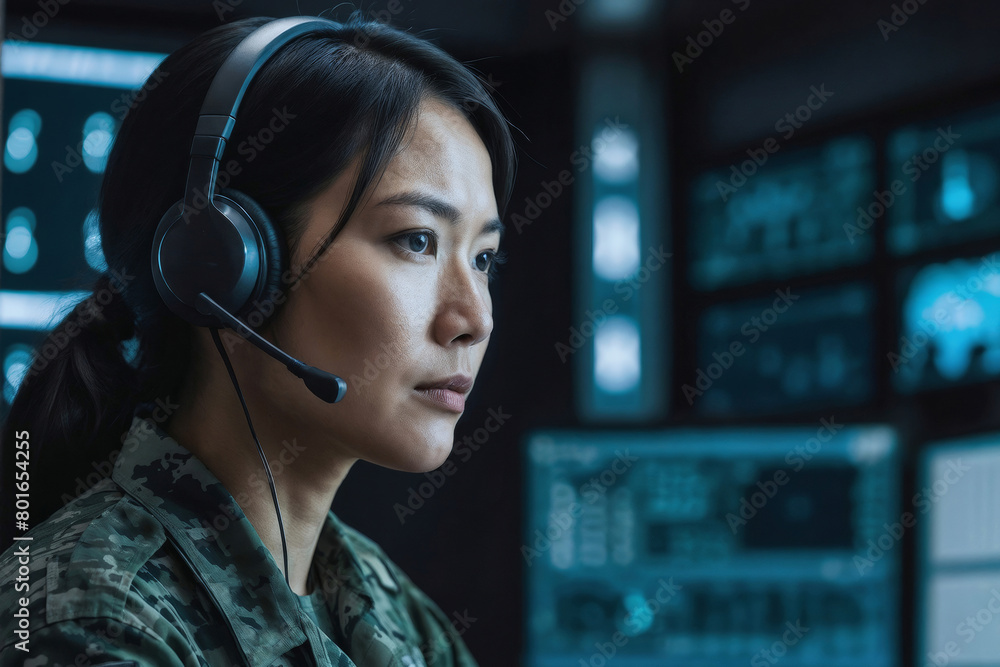Face of serious Asian female military surveillance officer in headset ...