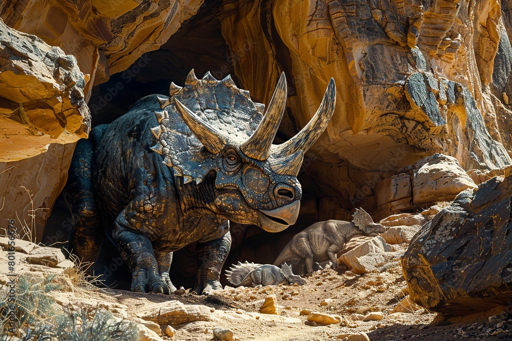 A professional photo captures the Triceratops dinosaur in its natural ...